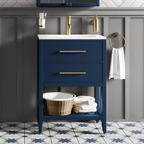 Montrose 610mm Indigo Blue Vanity Unit With Brushed Brass Handles And