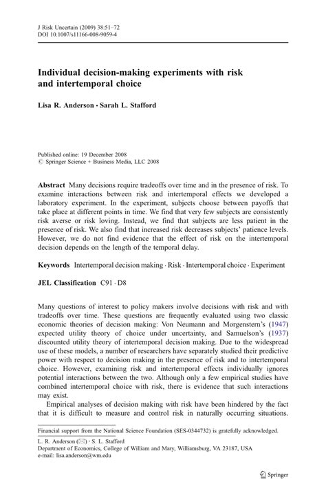 Pdf Individual Decision Making Experiments With Risk And Intertemporal Choice