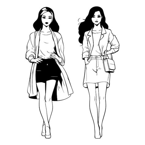 스케치 스타일의 패션 모델 손으로 그린 터 일러스트레이션 프리미엄 벡터