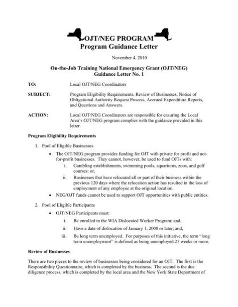 Ojt Neg Program Guidance Letter 1 New York State Department