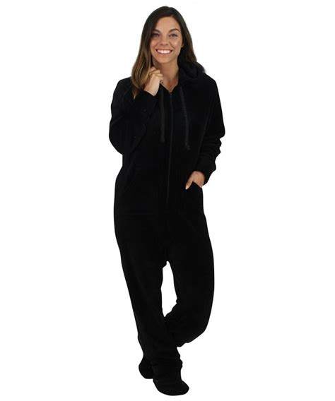 Women S Fleece Onesie Hooded Footed Pajamas Black CM L M M