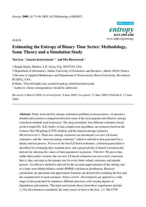 Pdf Estimating The Entropy Of Binary Time Series Methodology Some