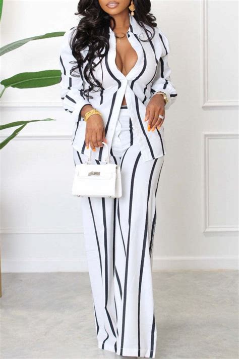 Casual Striped Print Basic Turndown Collar Long Sleeve Two Pieces