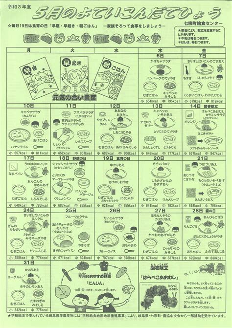令和3年度5月給食献立表 七宗町立上麻生中学校