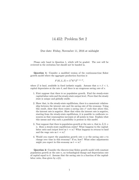 Assignment Problem Set On Economic Growth 14 Problem Set 2 Due Date Friday November 11
