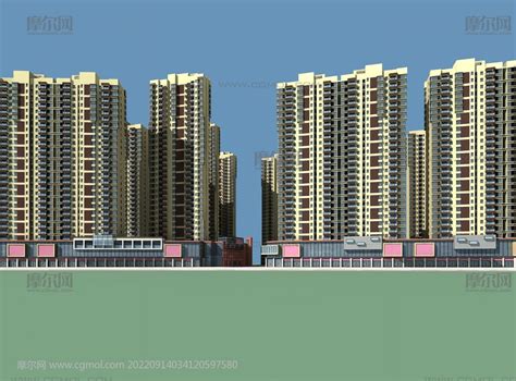 商业小区 商品房住宅鸟瞰3D模型 中式建筑模型下载 摩尔网CGMOL
