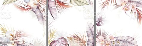 수채화 열대 프레임 결혼식 또는 인사말 카드를위한 초대장 디자인 야자수 잎 열대 꽃과의 경계 0명에 대한 스톡 벡터 아트 및 기타 이미지 Istock