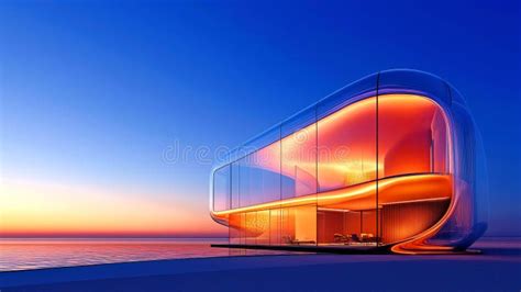 Futuristic Oceanfront Architecture At Sunset With Vibrant Lighting Stock Illustration