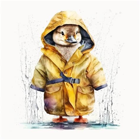 Há uma pintura em aquarela de um gato vestindo uma capa de chuva