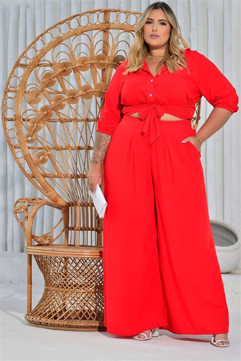 Conjunto Plus Size Camisa E Pantalona Vermelho Vk Moda Plus Size