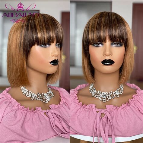 짧은 밥 인모 가발 앞머리 레미 페루 스트레이트 헤어 옴브레 금발 전체 가발 귀여운 밥 컷 짧은 가발 흑인 여성용풀 머신 가발 Aliexpress