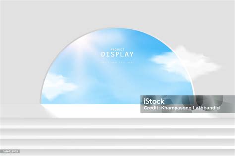 사실적인 흰색 받침대 연단 계단 사다리와 구름 푸른 하늘 반원 문 모양의 태양이 있는 추상적인 3d 배경 3d 벡터 기하학적 플랫폼 디자인 쇼 제품 화장품을 위한 무대 0