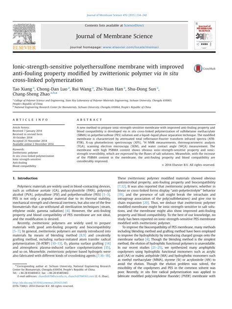 Pdf Ionic Strength Sensitive Polyethersulfone Membrane With Improved