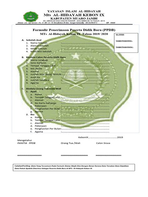 Formulir Ppdb 2019 2020 Pdf