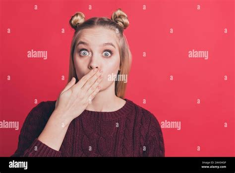 Oops Closeup Photo Of Pretty Lady Holding Arm On Lips Said Something