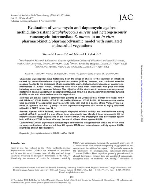 Pdf Evaluation Of Vancomycin And Daptomycin Against Methicillin Resistant Staphylococcus