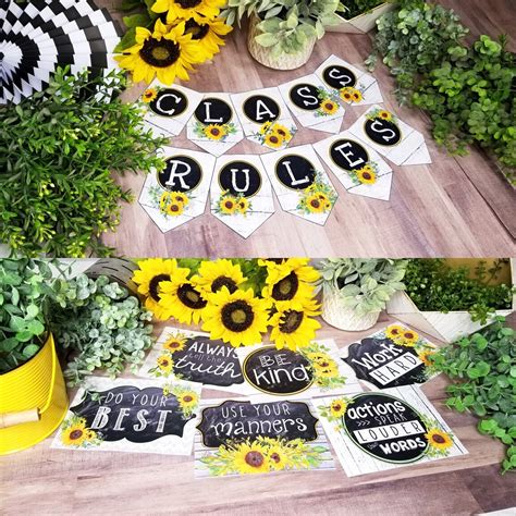 Editable Classroom Rules Posters Sunflower Farmhouse Classroom Decor Sunflower Printable