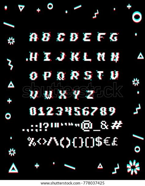 Vector 8 Bit Pixel Art Alphabet With Glitch VHS Effect Letters And Symbols