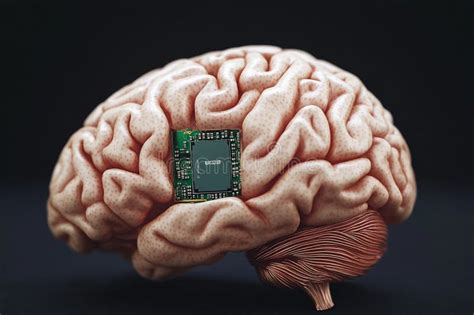 Human Brain Model With Electronic Chip Representation Highlighting Technology And Biology