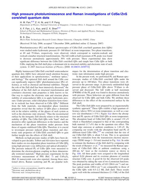 Pdf High Pressure Photoluminescence And Raman Investigations Of Cdsezns Coreshell Quantum Dots
