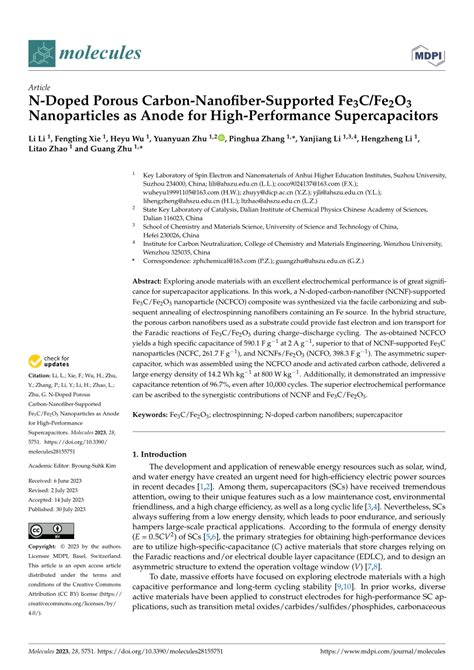 Pdf N Doped Porous Carbon Nanofiber Supported Fe3cfe2o3 Nanoparticles As Anode For High