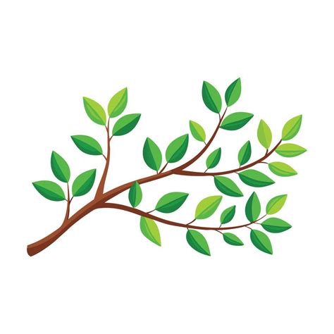 Single Tree Branch With Green Leaves Flat Illustration White Background