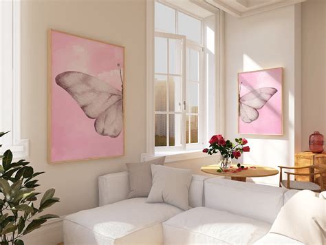 Aesthetic Pink Watercolor Butterfly Wall Art Set Of Etsy