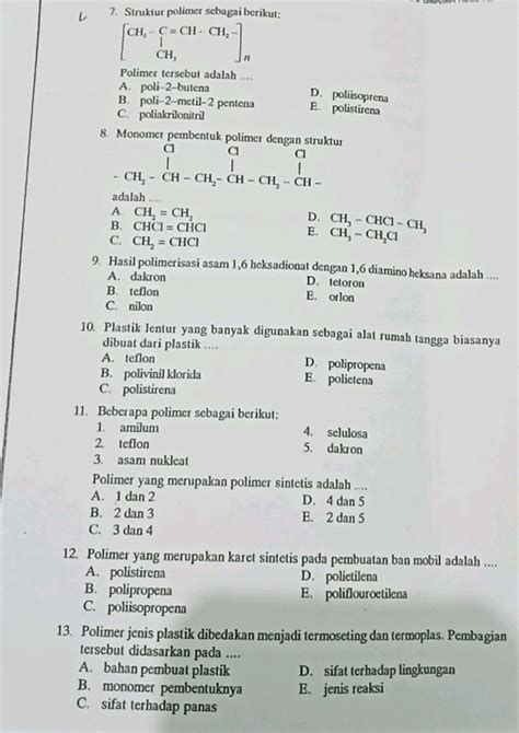 7 Struktur Polimer Sebagai Berikut Studyx