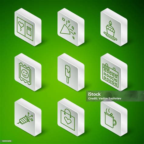 세트 라인 멀드 와인 하트 인사말 카드 아이스크림 Lsd 산 마크 축제 색종이 불꽃 놀이 로켓과 생일 달력 아이콘쇼핑 가방 벡터 3차원 형태에 대한 스톡 벡터 아트 및 기타