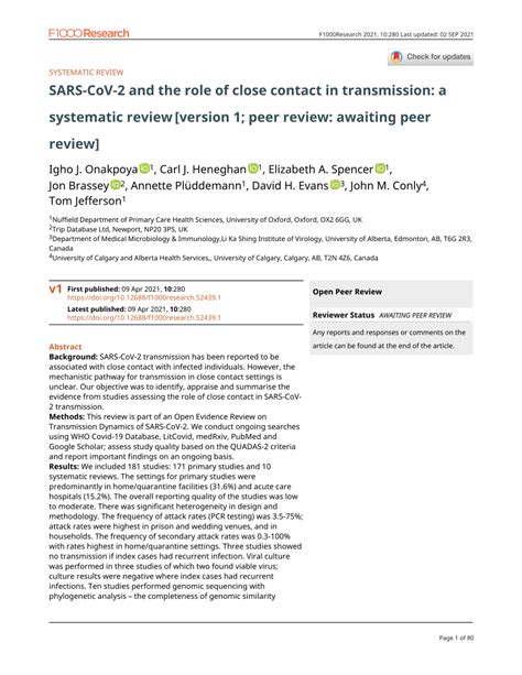 Pdf Sars Cov 2 And The Role Of Close Contact In Transmission A