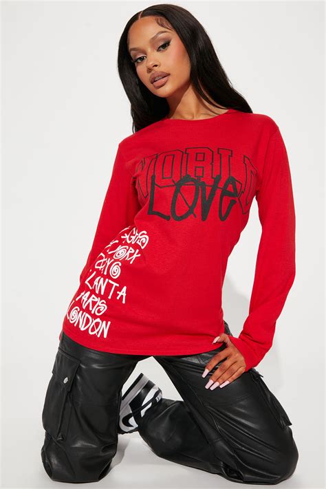 World Love Long Sleeve Graphic Top Red Fashion Nova Screens Tops