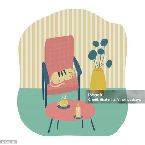 자유 형식의 배경을 가진 아늑한 집의 벡터 일러스트레이션 노란 고양이가 분홍색 안락의자에 잠을 자고 집 식물과 차 나 커피와 촛불이있는 테이블 근처에 있습니다 0명에 대한