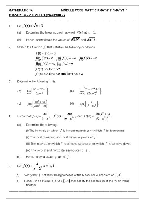 Tutorial 8 2024 Calculus Chapter 4 MATHEMATIC 1A MODULE CODE