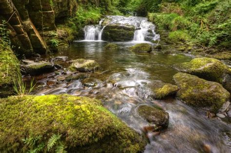Stunning Waterfall Flowing Over Rocks Through Lush Green Forest Stock