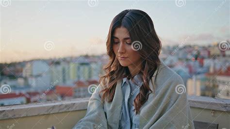 Organized Lady Planning Week On Sunset Rooftop Place With Cityscape