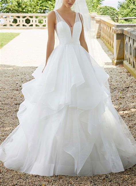 Ball Gown V Neck Elegant Tulle Cascading Ruffles Wedding Dresses Missacc