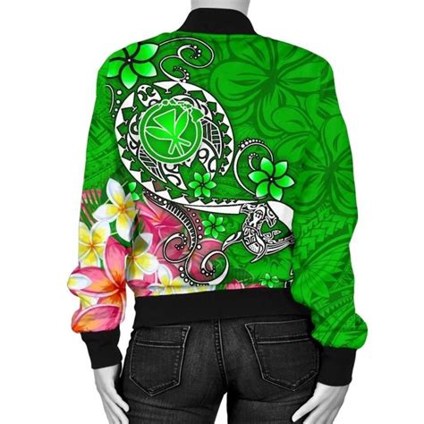 Bomber Jacket Hawaii Turtle Plumeria Polynesian Tattoo Green Color