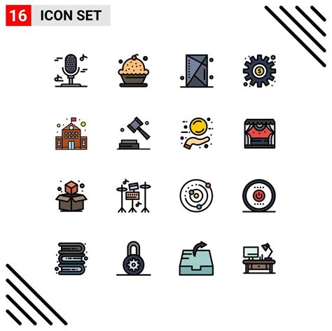 16 Universal Flat Color Filled Line Signs Symbols Of Building Preference Console Gear Shield