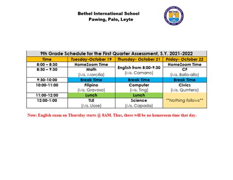 9th Grade Schedule For The First Quarter Assessment Pdf
