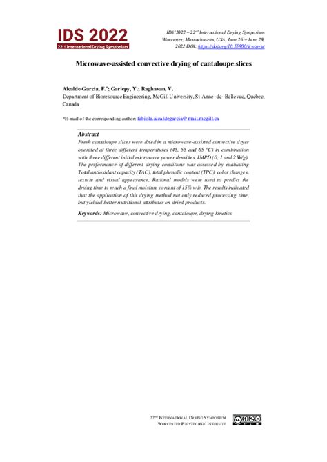 Pdf Microwave Assisted Convective Drying Of Cantaloupe