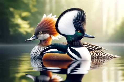 Hooded Merganser Male Female Colorful Multi Colored Plumage Swimming