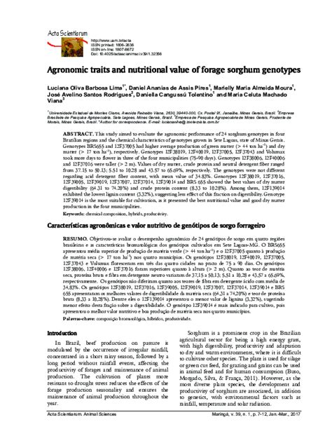 Pdf Agronomic Traits And Nutritional Value Of Forage Sorghum Genotypes