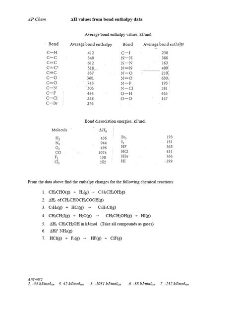 Bond Enthalpy Calculations Pdf Science And Mathematics Technology