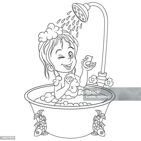หน้าระบายสีของสาวการ์ตูนอาบน้ํา ภาพประกอบสต็อก ดาวน์โหลดรูปภาพตอนนี้ Colouring Book Art
