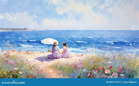 Romantic Woman With Umbrella On Wild Beach At Sea Blue Sky And Green Sea On Horizon On