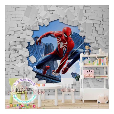 Papel De Parede Infantil Homem Aranha Efeito 3D Quebrando A Parede
