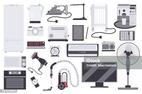 가전 제품 격리 요소 집합입니다 냉장고 철 주전자 토스터 전자 레인지 오븐 Tv 진공 청소기 팬 등의 번들 플랫 만화 디자인의 벡터 일러스트레이션 을 위한 크리에이터 키트