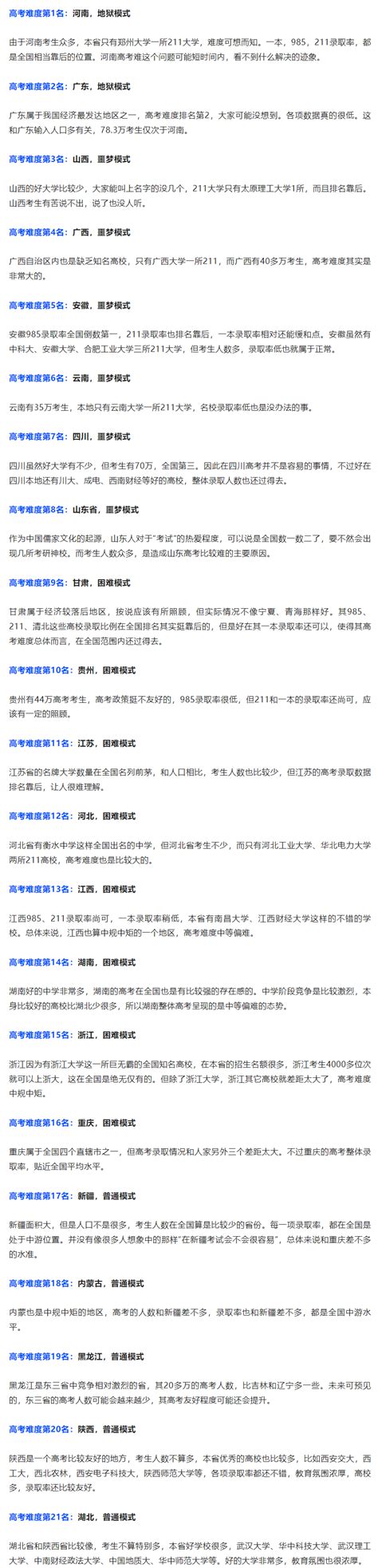 全国高考难度系数排行榜！你所在的省份考上好大学有多难？ 知乎