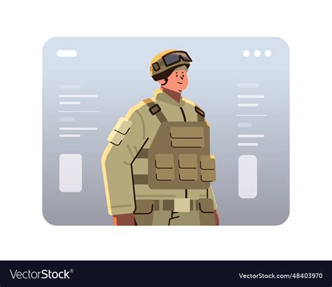 Army Soldier In Comouflage Helmet And Life Vest Vector Image