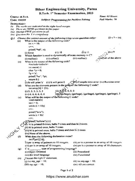 Btech 1 Sem Programming For Problem Solving 100104 2023 Pdf